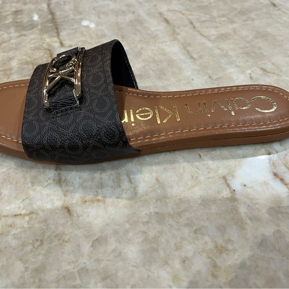 Calvin Klein | Shoes | Calvin Klein Womens Logo Sandals Gold Ck Logo ...